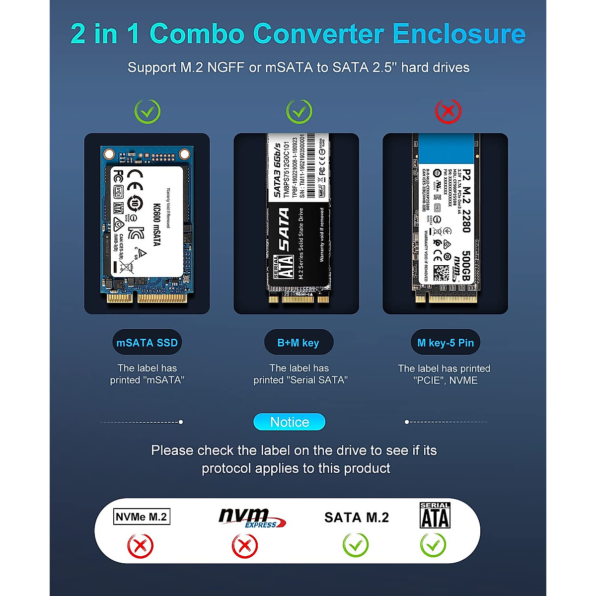 ZEXMTE M.2 NGFF or mSATA to USB 3.0 Adapter 2-in-1 NGFF or mSATA Converter Reader Card with SATA Cable Converter as Portable Flash Drive External 2.5 inch Hard Drive,Support SATA NGFF B/B+M Key SSD