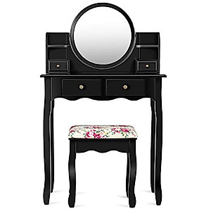 CHARMAID Vanity Set with 4 Storage Shelves and 4 Drawers, Makeup Table with 360° Pivoted Round Mirror and Makeup Organizers, Dressing Table with Mirror and Cushioned Stool for Women Girls (Black)