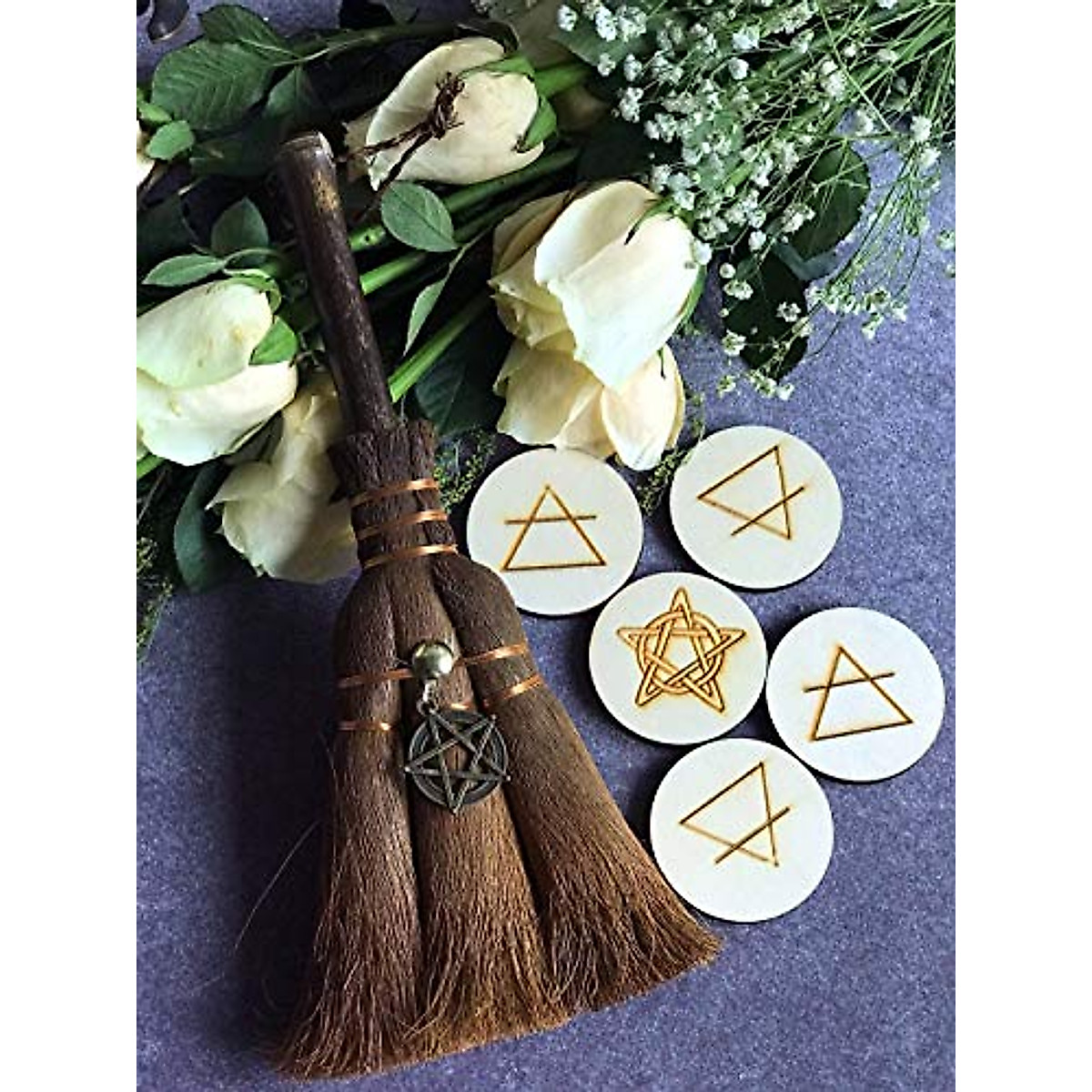 OKDOKEY 9.4" Witch Altar Broom & Four Elements and Pentacle Wood Runes Set | Miniature Pentagram Wicca Brush | Handmade Mane Broomstick for Majic Ceremonial, Halloween Broom, Wiccan Ritual Broom