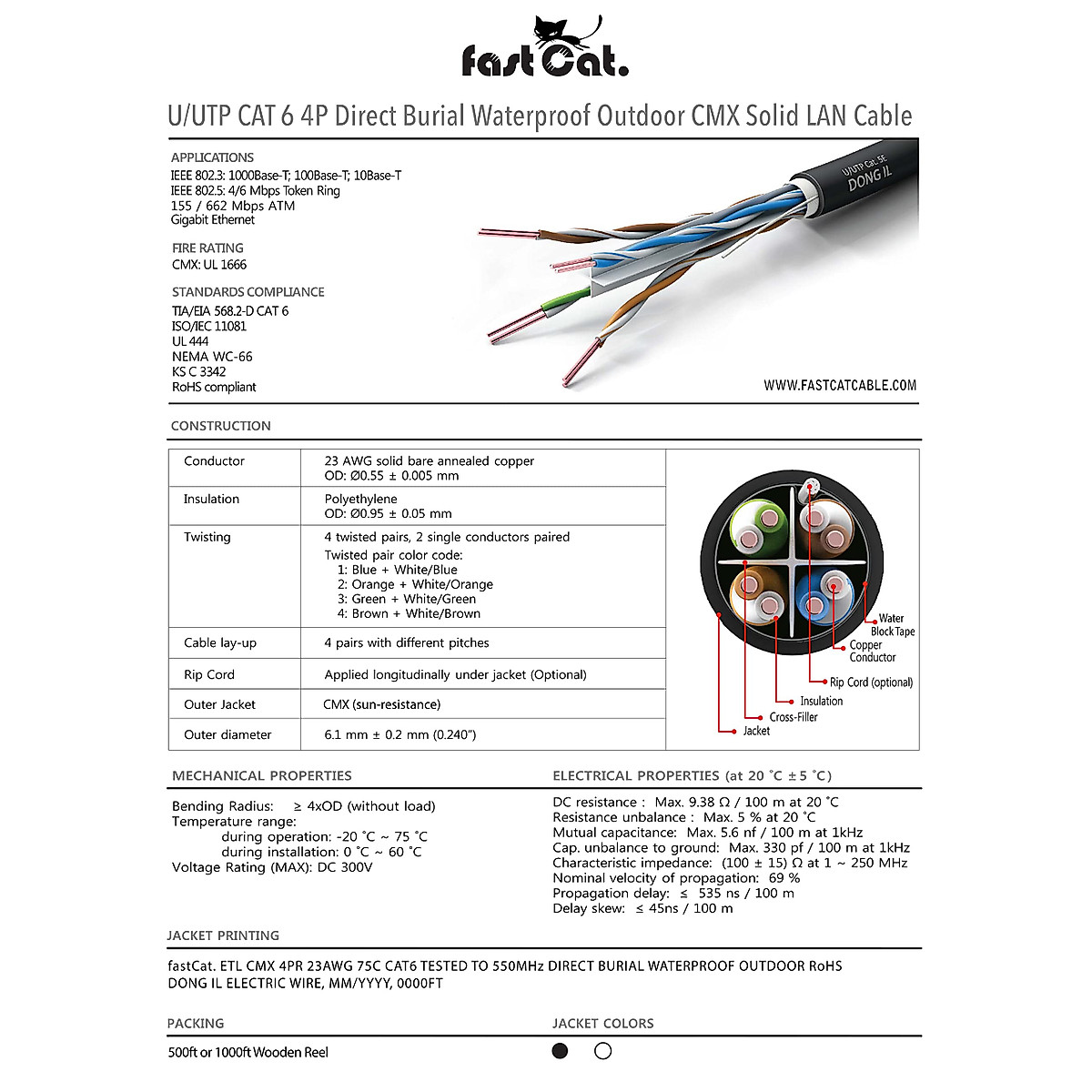fast Cat. Cat6 Direct Burial Outdoor Ethernet Cable 1000ft - Waterproof Cat6 Cable with 23AWG Solid Copper Conductors - CMX, UTP 550MHz, PoE++ (4PPoE), ETL & UL Listed, Bulk Ethernet Cable (Black)
