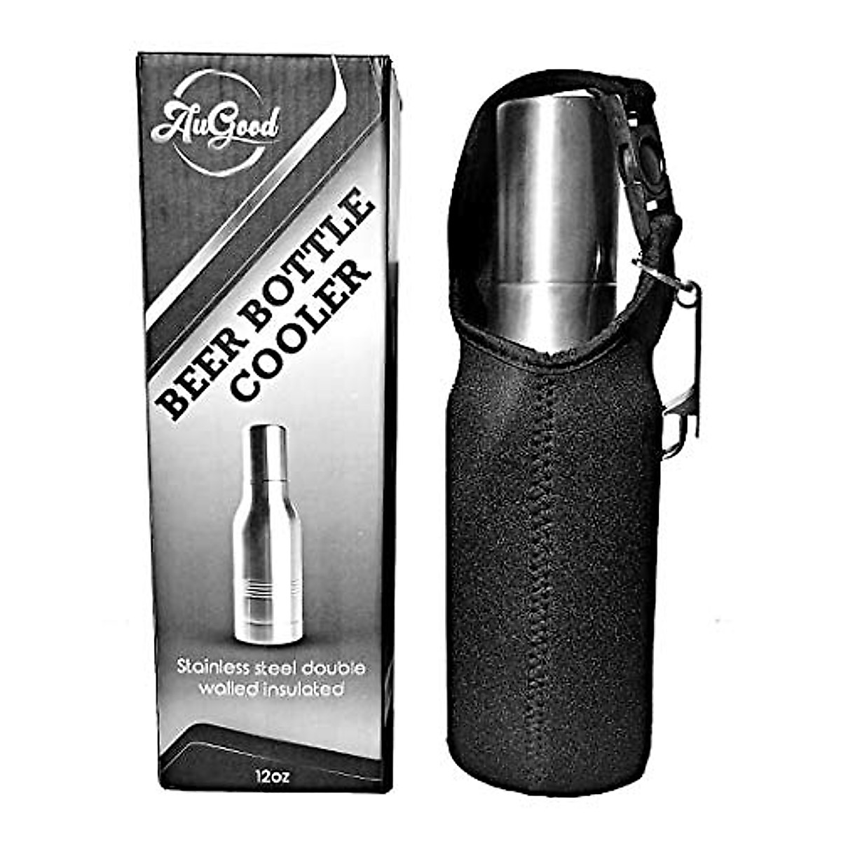 AUGood Beer Bottle Cooler: Stainless Steel Double Wall Bottle Insulator with Cover/Includes Bottle Opener and fit's long neck and standard neck 12oz bottles