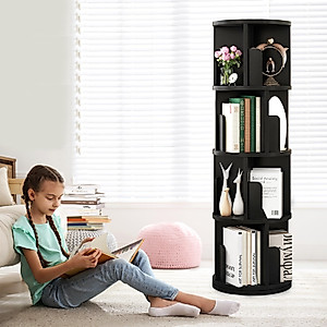 oneinmil 360°Rotating Bookshelf, Small Corner Bookcase with a Small Footprint, 4 Tier Standing Bookcase for Kids & Adults, Wood Bookshelf Designed for Bedroom, Living Room, Black