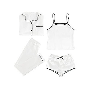 WDIRARA Women's Silk Satin Pajama Set 4 Pieces Soft Bride Sleepwear Loungewear White M