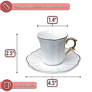 BTaT- Small Espresso Cups and Saucers, Set of 6 Demitasse Cups (2.4 oz) with Gold Trim and Gift Box, Small Coffee Cup, White Espresso Cup, Turkish Coffee Cup, Porcelain Espresso Cup
