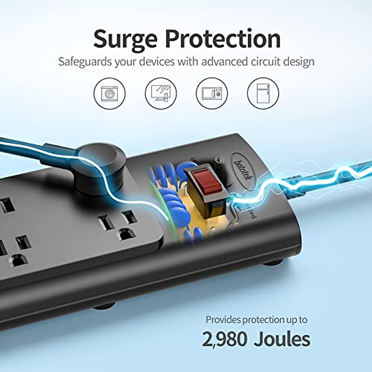 Power Strip with Wireless Charger, Bototek Power Strip Surge Protector (2980 Joules) Wireless Charger with 8 AC Outlets and 4 USB Ports,1875W/15A, 6 ft Extension Cord (8 Outlets)