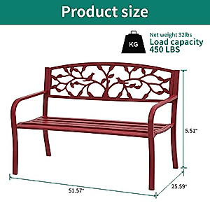 YITAHOME Outdoor Bench 50" Metal Bench Bird Pattern Patio Bench with Backrest and Armrest for Porch Lawn Balcony Backyard and Indoor Red