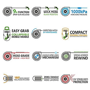 Guitrees Retractable Garden Hose Reel 1/2” 150FT+6FT With Cover, Slow Return System, Any Length Lock, Wall Mounted, 9 Function Nozzle and 180°Swivel Bracket (Grey)