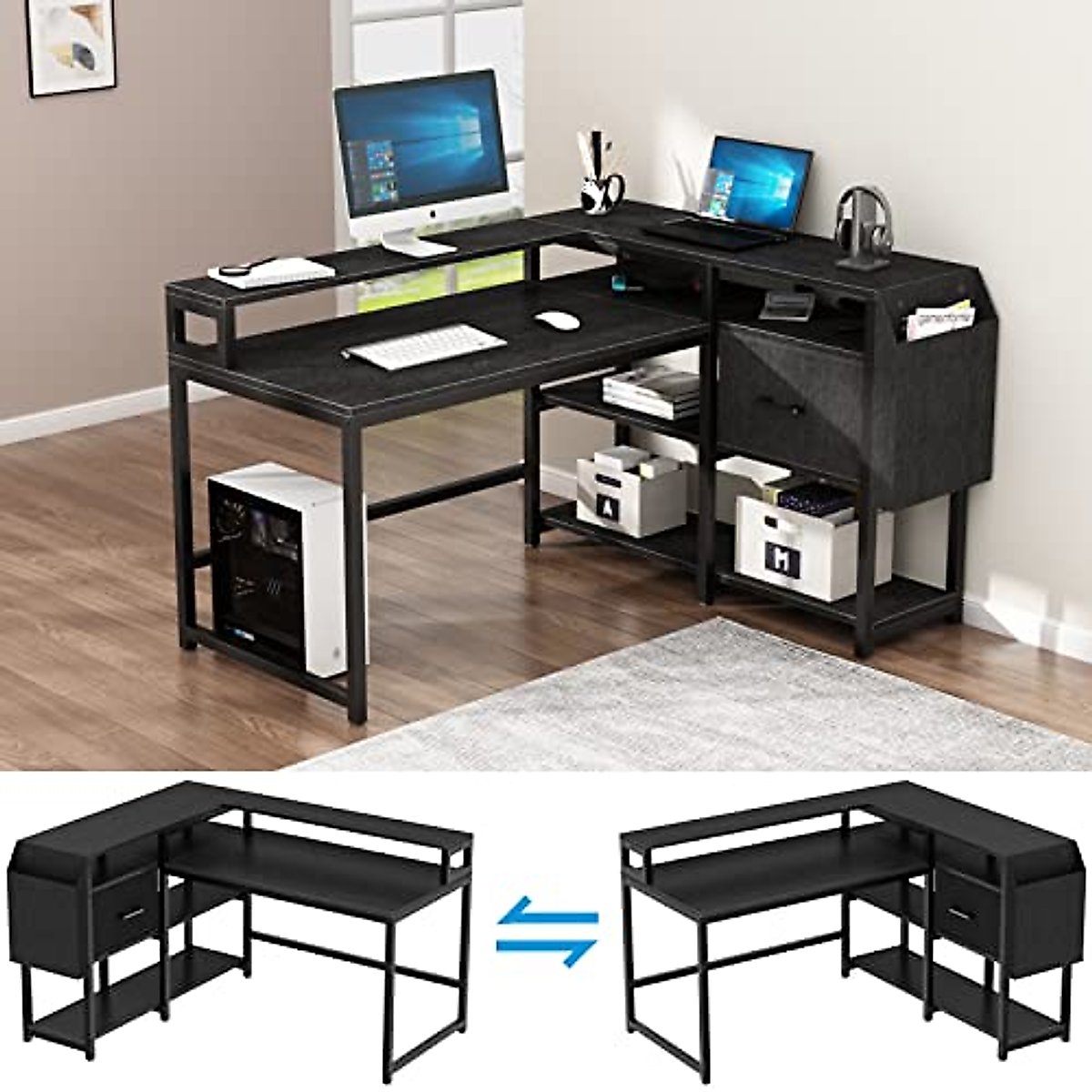 Loomie Reversible L Shaped Computer Desk with Drawer, 55" W x 41" D Industrial Corner Computer Desk with 4 Tier Storage Shelves & Monitor Stand and Storage Bag, Study Table for Home Office, Black