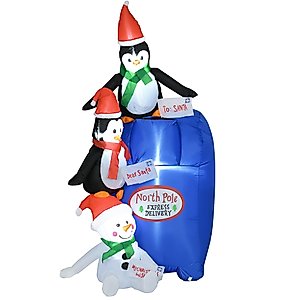 HOMCOM 6ft Christmas Inflatables Outdoor Decorations North Pole Mailbox with Penguins and Snowman, Blow-Up Yard Christmas Decor with LED Lights Display