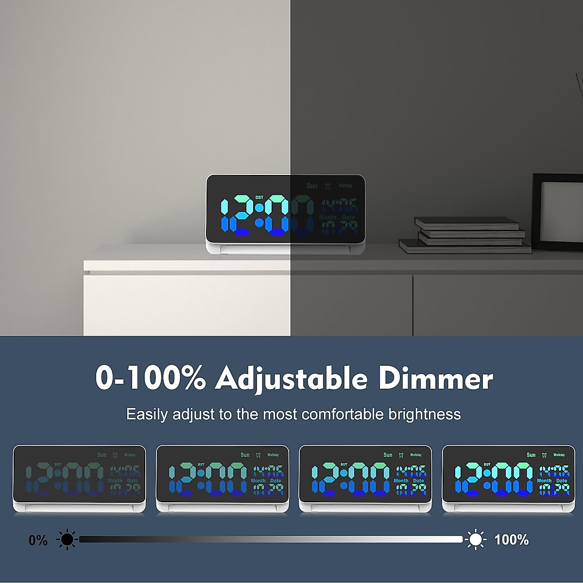 [120db Super Loud] Alarm Clocks for Bedrooms, 15 Wake Up Sounds, 7 Color Night Light, Dynamic RGB Color Changing, 0-100% Dimmer, Snooze, Large LED Display, Digital Clock for Heavy Sleepers Adults