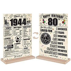 Kuxriox Happy 80th Birthday Decorations Vintage Back in 1944 Table Sign for Men Women, Two-sided 80 Birthday Wooden Poster with Stand Party Gift Supplies, Eighty Year Old Bday Table Decor