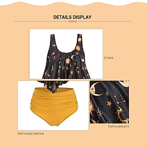 SevenDwarf Women's Sun Stars Moon Flounce High Waisted Tankini Swimsuit