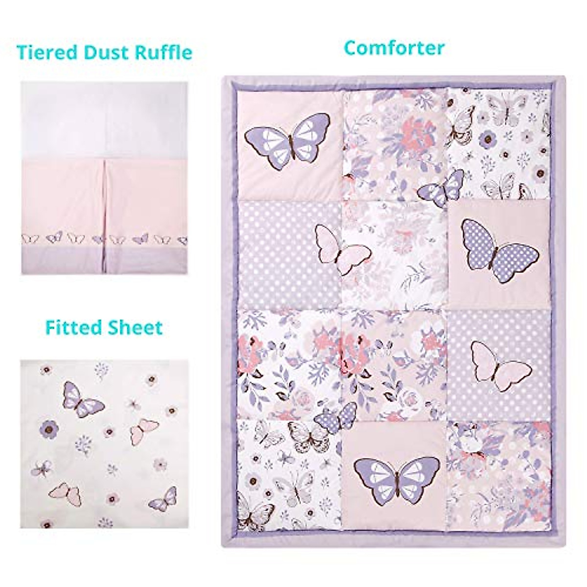 La Premura Lilac Butterfly Baby Girl Crib Bedding Set for Girls – Butterfly 3 Piece Standard Size Crib Bedding Sets in Pastel Pink and Purple