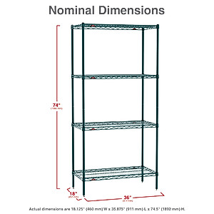 METRO Super Erecta Metroseal Green Epoxy Shelving Unit - Industrial Wire Shelving for Restaurants, Kitchens, Walk-in Coolers/Freezers with Microban - 4 Tier, 2000 lbs Capacity, 18” W x 36” L x 74” H