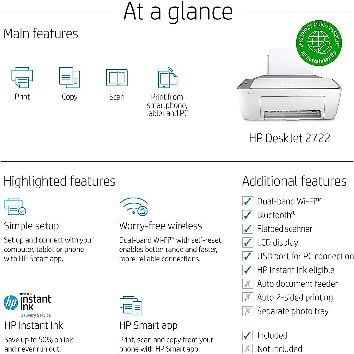 HP DeskJet 27 22 All-in-One Wireless Color Inkjet Printer, White - Print, Scan, Copy - 1200 x 1200 dpi, Flatbed Scanner, Icon LCD Display, WiFi, Bluetooth, USB Connectivity, CBMOUN Printer Cable