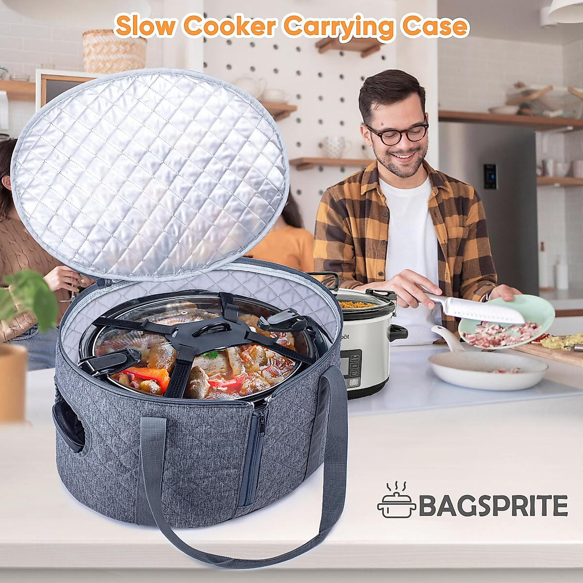 BAGSPRITE Slow Cooker Carrying Case Compatible with 6-8 Quart Crockpot Carrier for Hot Food and Hamlton Beach Slow Cooker Tote with Lid Fastener for Crock-pot Dust Cover Applicances