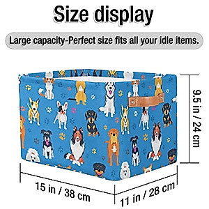 Pardick Animal Dog Breed Paw Storage Basket Storage Cube Bins Cute Puppy Print Canvas Collapsible Toy Basket Organizer Waterproof Laundry Box with Handle for Shelf Closet Office Bedroom, 2PCS