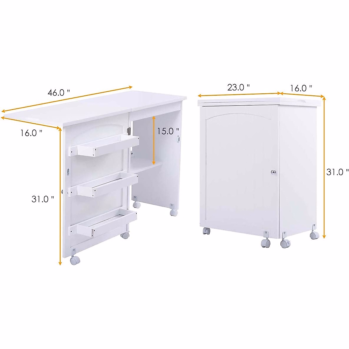 COSTWAY Folding Sewing Table, Multipurpose Craft Station Desk, Display Cabinet with Shelves Storage, Lockable Wheels, Rolling Sewing Machine Desk for Home Apartment, White