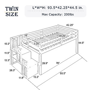 Twin Size Wooden Loft Bed Frames with Storage Staircase, Modern Country Loft Bed with Security Fence, Easy Assemble for Bedroom Small Living Space Boys Girls Adults Teens, Noise Free (White)
