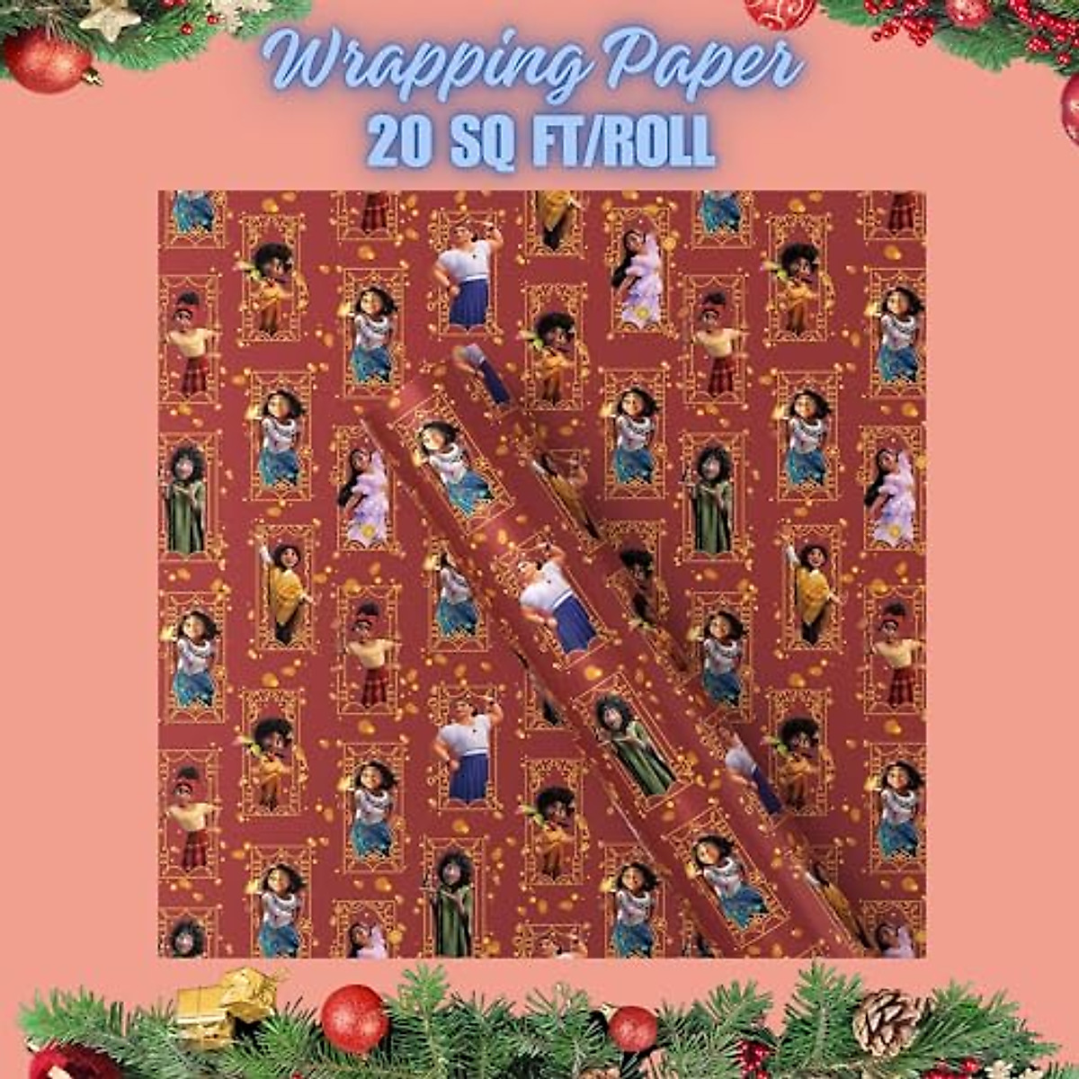 Ja'cor Encanto Christmas Wrapping Paper 2 Rolls 40 Sq Ft Total, Red Gift Wrap for Birthday Holiday Thanksgiving Presents Party Supplies All Occasion Bundle with 1-Mini Wrapping Paper Cutter