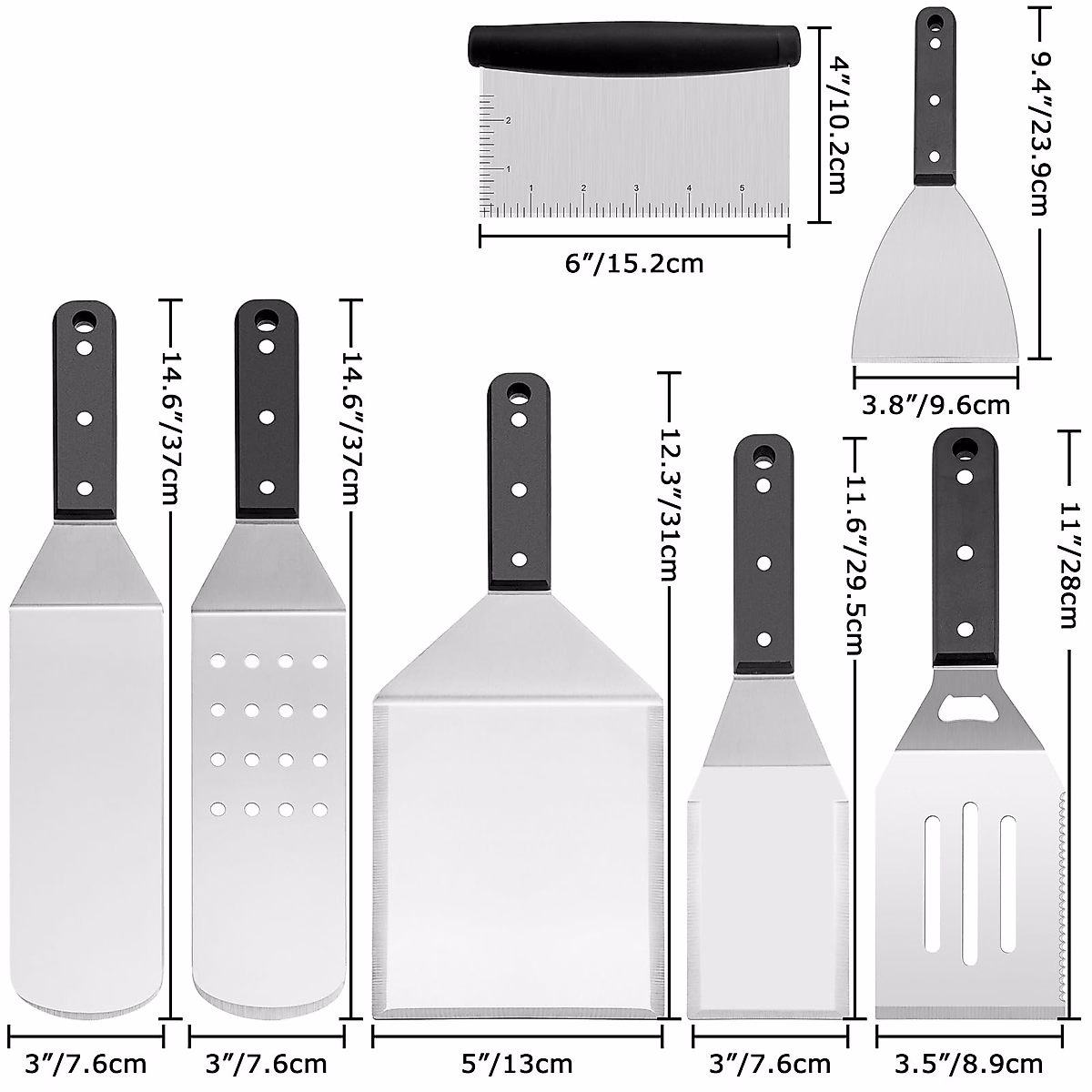 Leonyo Griddle Accessories Set of 7, Stainless Steel Metal Spatula Scraper Turner for Flat Top Grill Pan BBQ, Dishwasher Safe, 6 x Hanging Hooks