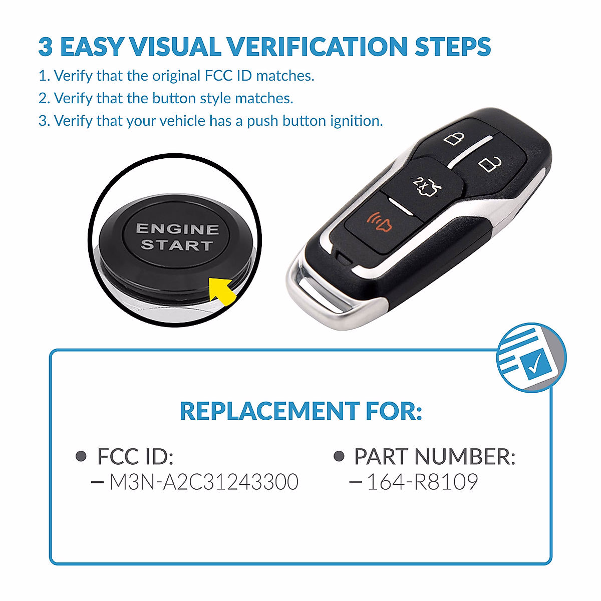 Keyless2Go Replacement for 4 Button Smart Key for Proximity Remote for Ford 164-R8109
