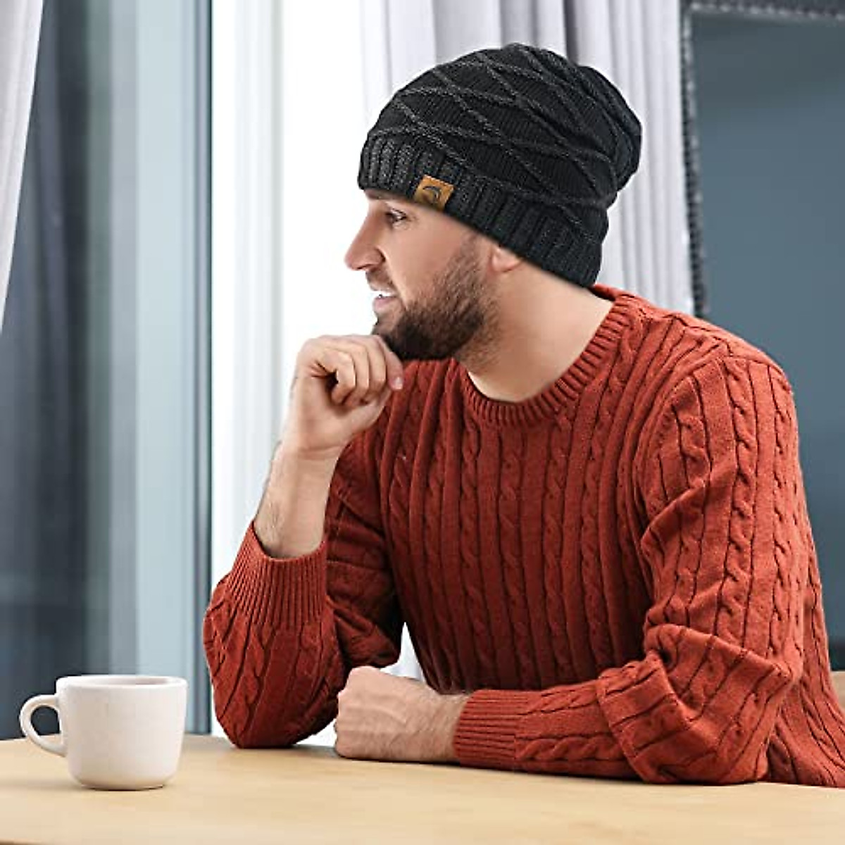 URECOVER Winter Beanie Hats for Men - Black Unisex Slouchy Knit Fleece Cap for Women, Toboggan Hat Christmas Stocking Stuffers Birthday Gifts for Men Women