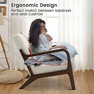 Unovivy Mid-Century Modern Accent, Upholstered Lounge Armchair with Wood Frame Thick Padded Backrest & Seat Cushion, Single Sofa Chair for Living, Bedroom, Reading Room, ‎30" Depth, White
