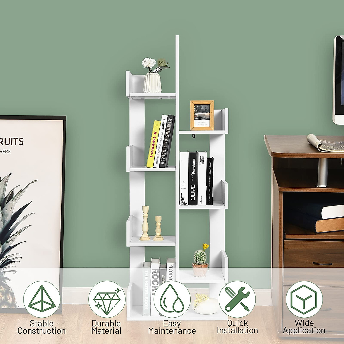 Giantex Wooden Bookcase, Tree-Shaped Modern Display Bookshelf w/ 8 Storage Shelves, Anti-Toppling, 8 Tier Freestanding Decorative Storage Organizer Shelves for CDs Movies Books Plant, White