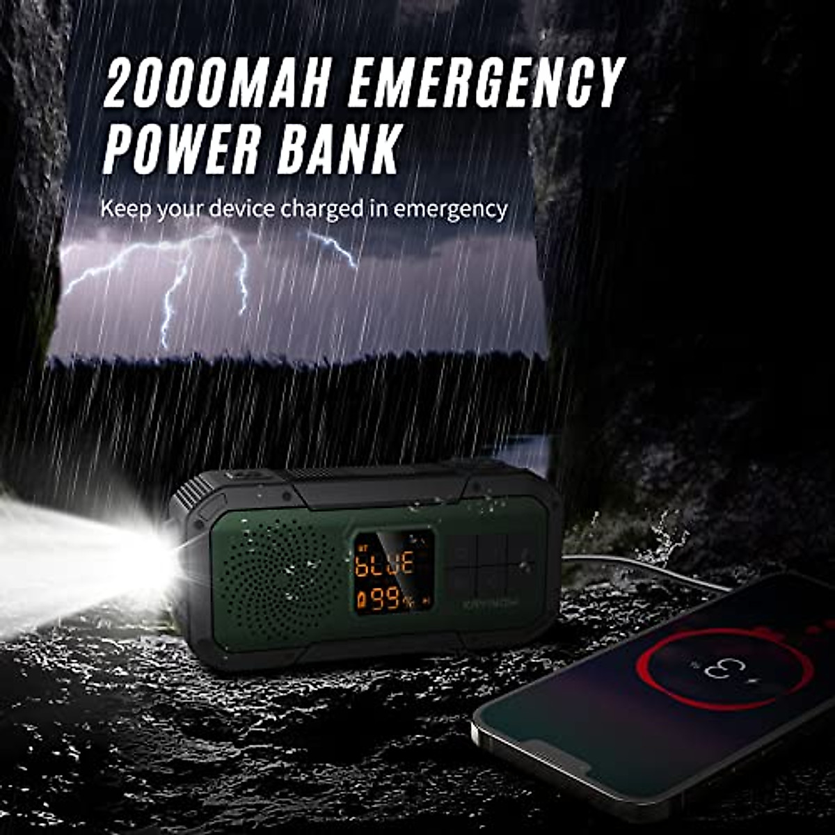 Emergency Radio Waterproof Bluetooth Speaker,WB Weather Radio NOAA Alert, Digital Portable AM FM Small Radio, Hand Crank Solar Survival Radio with 2000mAH Cell Phone Charger, Flashlight, Storm Radio