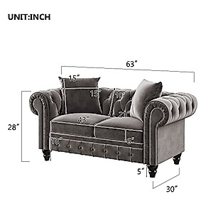OYN 63" Chesterfield Sofa & Couch Deep Seat Button Tufted Velvet Loveseat Upholstered 2 Seater Sofa Classic Roll Arm, 2 Pillows Included, Grey