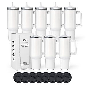 FECBK 40 oz Sublimation Tumbler with Handle and Straw Keeps Cold for 34 Hours 8 Pack Stainless Steel Double Wall Vacuum Insulated Travel Mug Cup Tumblers Bulk Sublimation Blank White