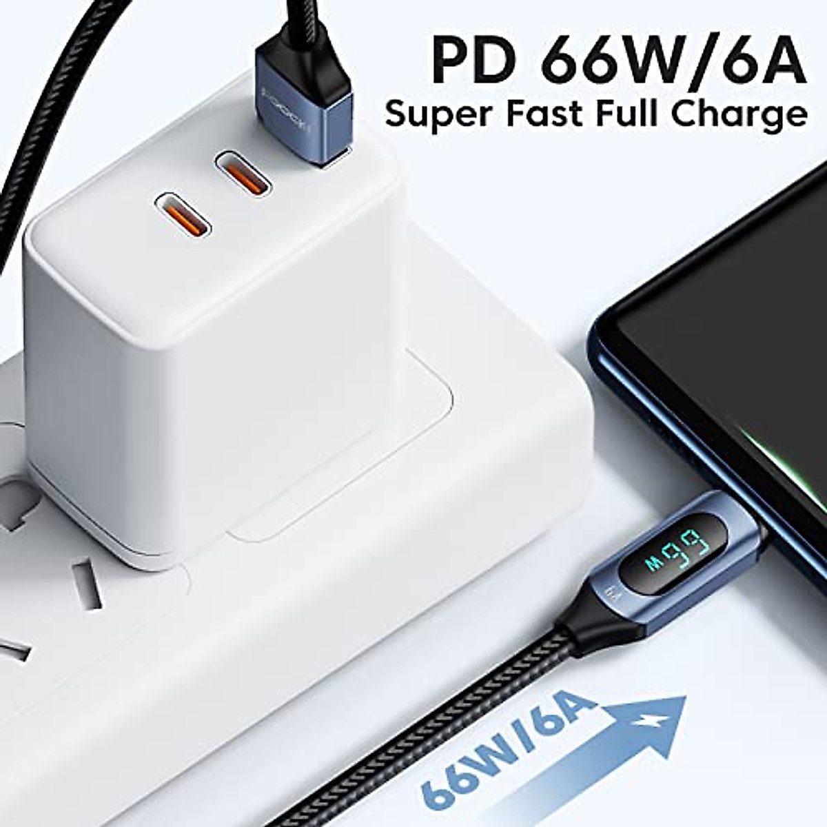 USB C to A Cable Fast Charging Cable, 66W/6A 6.6FT USB C Charging Cable with Led Display, USB Type C Cable Nylon Braided 480Mbps USB C Fast Charging Cable for Samsung Galaxy iPad LG