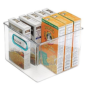 mDesign Plastic Food Storage Container Bin with Handles for Kitchen, Pantry, Cabinet, Fridge/Freezer - Cube Organizer for Snacks, Produce, Vegetables, Pasta - BPA Free, Food Safe - 4 Pack, Clear/Blue