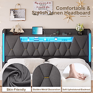 busyaeh King Floating Bed Frame with Hidden Storage Space and Charging Station, RGB Light Fabric Platform Bed with LED Light, No Box Spring Needed, Dark Gray