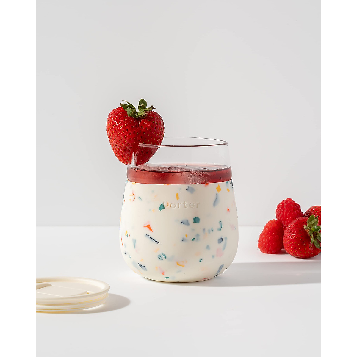 W&P Porter Portable Cocktail Glass with Protective Silicone Sleeve, Terrazzo Cream, 15 Ounces, On-the-Go, Reusable Wine Tumbler with Slide-lock Lid, Dishwasher Safe, 15 oz