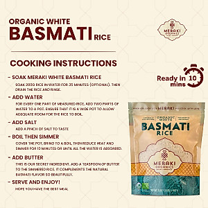 Meraki Organic White Basmati Rice 2 LB Bag - Pleasant Aroma, Thin, Extra Long Separated Fluffy Texture - Authentic Rice from Punjab, 100% USDA Certified Organic, Gluten-Free, Non-GMO, Vegan, Halal Kosher Low Sodium & Delicious No Artificial Flavors