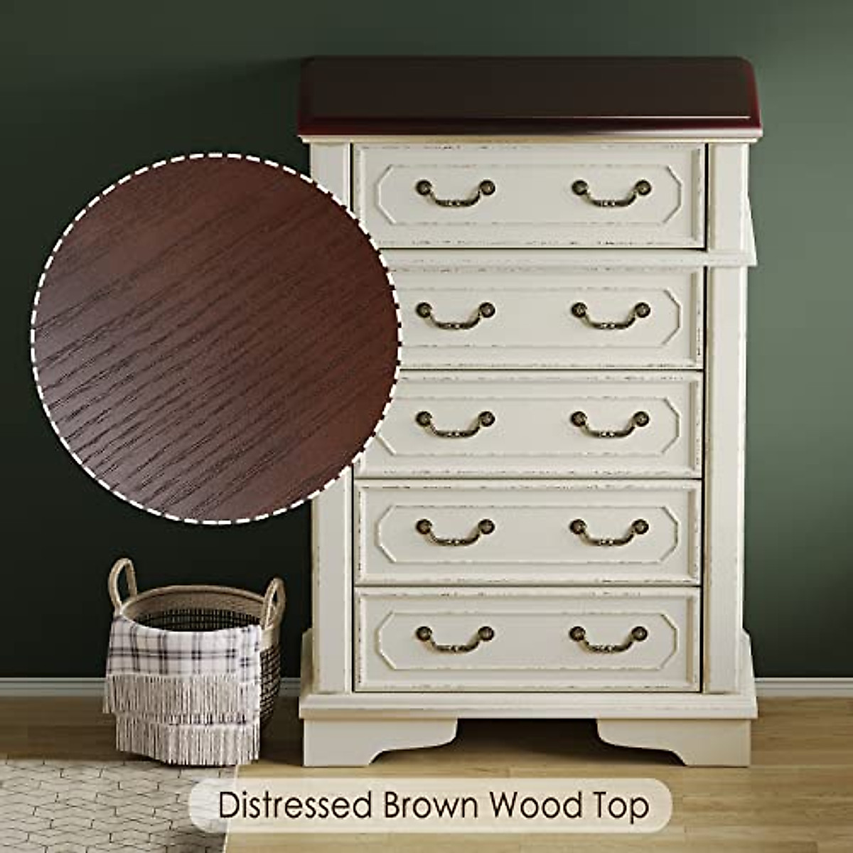 PaPaJet 5 Drawers Dresser Chests for Bedroom French Country Two Tone Chipped White