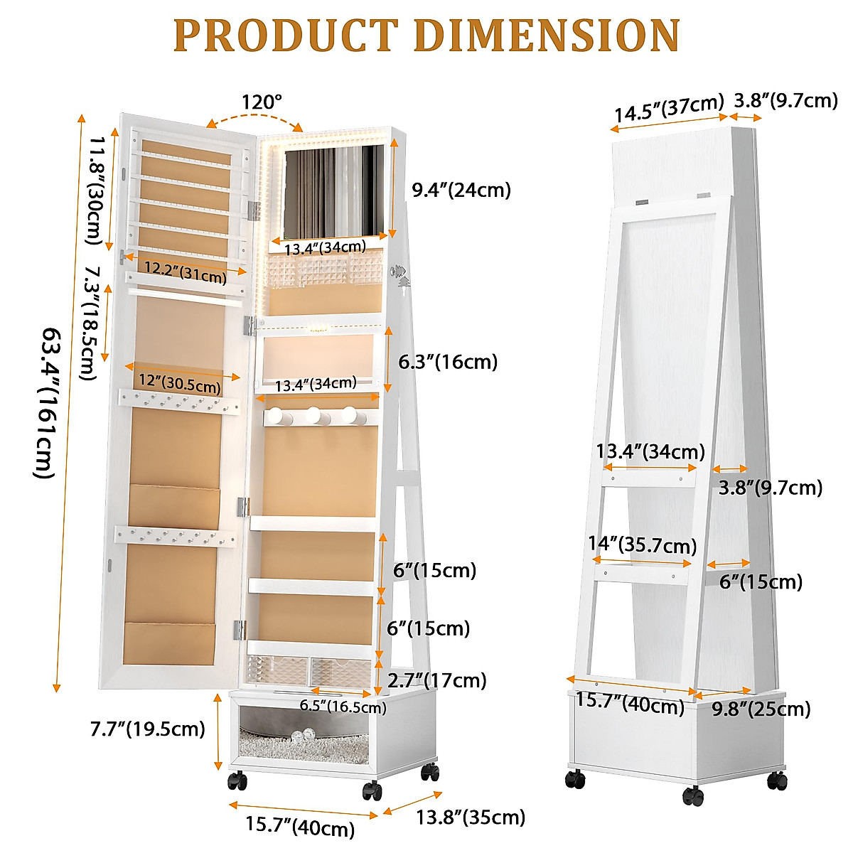 Vlsrka 360° Swivel Jewelry Mirror Cabinet with Lights, Standing Jewelry Armoire Organizer Rotatable Full Length Mirror with Jewelry Storage, Lockable with Rear Storage Shelves, Built-in Makeup Mirror