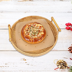 Round Rattan Coffee Table Tray with Handles - Woven Basket Food Decorative Tray ，Handmade Rattan Serving Tray with Handles ，Adorable Natural Bamboo Tray for Ottoman Coffee Table (Large/11 inch)