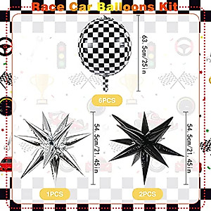 6 Pcs Race Car Checkered Balloons 3 Pcs Explosion Pointed Star Foil Balloons for Racing Party Decorations, 22'' Jumbo Sphere 4D Black and White Checkered Flag Mylar Balloons for Birthday Party