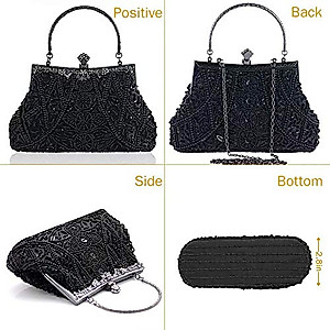 HOOLUCK Vintage Roaring 20s Beaded Sequined Evening Bag 1920s Flapper Clutch Gatsby Pearl Purses and Handbags… (Black)
