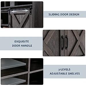 fancyqube Farmhouse Coffee Bar Cabinet, Rustic Sliding Barn Door Storage Cabinet with Power Outlet, Buffet Server Sideboard Cupboard Table for Dining Room Entryway Kitchen (Wash Grey)