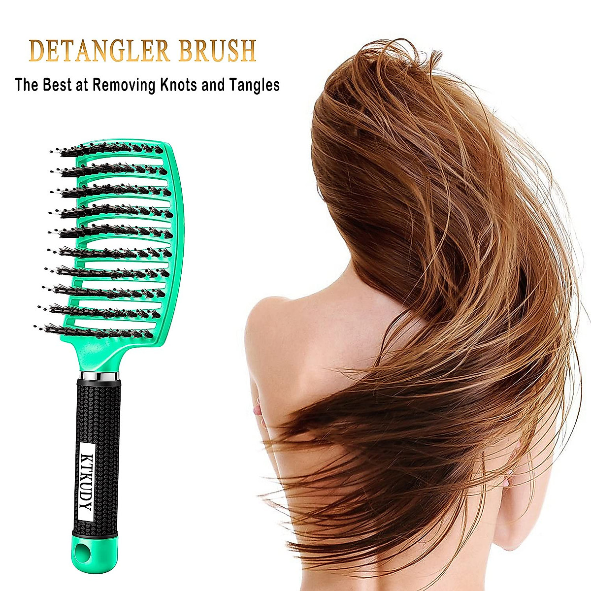 KTKUDY Detangling Brush Boar Bristles Hair Brush Make Hair Shiny & Healthier Curved and Vented Detangler Brush for Women Men Kids Wet & Dry Hair (Light green)