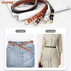 WHIPPY Set of 4 Women Skinny Belts Thin Leather Waist Belt with Alloy Pin Buckle for Pants Jeans Dresses, Black/Brown/Coffee/White,Fits Waist 27"-31"