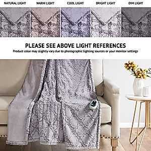 Beautyrest Brushed Long Fur Electric Throw Blanket Ogee Pattern Warm and Soft Heated Wrap with Auto Shutoff, 50 in x 60 in, Grey
