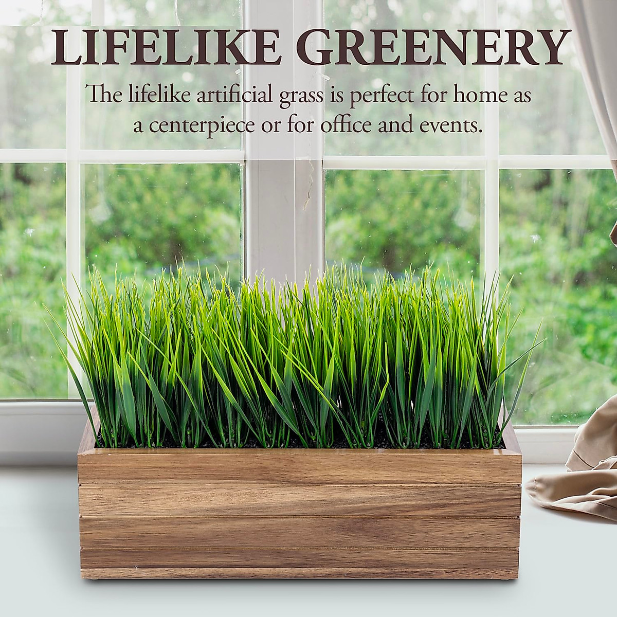MyGift 14 Inch Artificial Green Grass Plant in Solid Acacia Wood Planter Window Box, Faux Greenery in Decorative Rectangular Crate Style Wooden Container