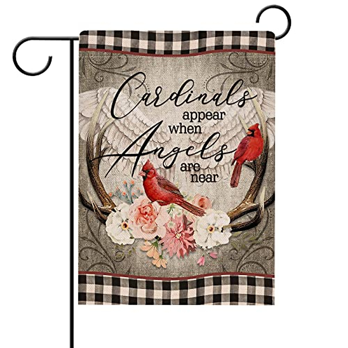 Hzppyz Cardinals Appear When Angels are Near Spring Peony Flower Home Decorative Garden Flag, Buffalo Plaid House Yard Red Bird Double Sided, Outside Decoration Farmhouse Outdoor Small Decor 12x18