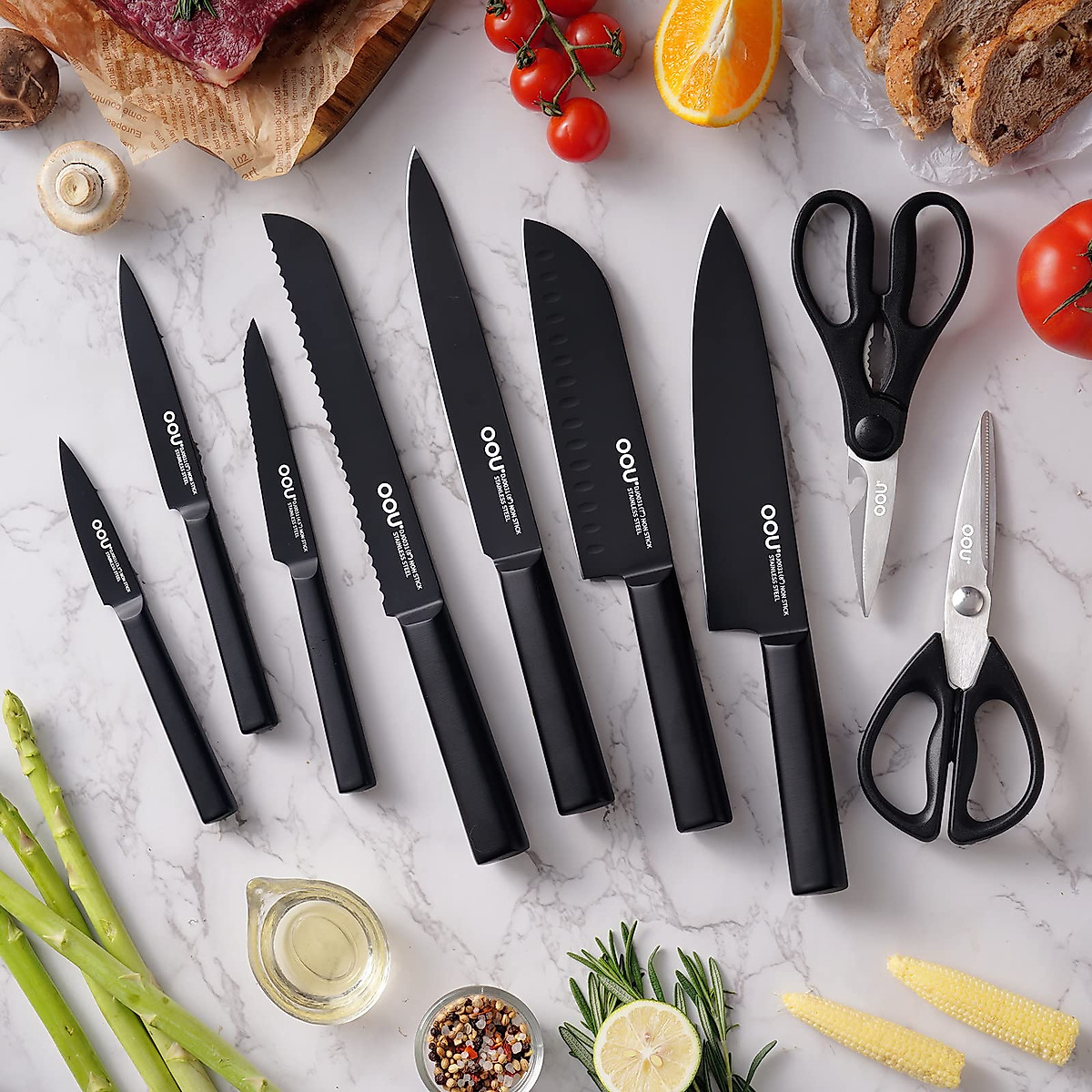 OOU Kitchen Knife Block Set - 15 Pieces High Carbon Stainless Steel Chef Knife Sets, Anti-Rust Black Knives Set with Built-in Sharpener Block, Black