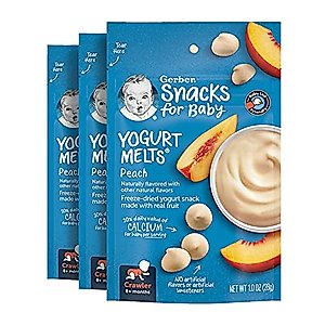 Gerber Snacks for Baby Yogurt Melts, Peach, Freeze-Dried Yogurt Snack Made with Real Yogurt & Fruit, Baby Snack for Crawlers, 1.0-Ounce Pouch (Pack of 3)